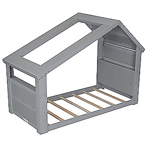 GEEVIVO Twin House Floor Bed for Kids, Twin Bed Frame with LED Light, Roof, Storage Headboard & Footboard, Wood Tent/Cabin Beds for Girls Boys Teens, No Box Spring Needed (Gray)