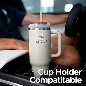 SPOUT 40 oz Tumbler With Handle And Straw, Insulated Stainless Steel Water Bottle With Straw - Travel Mug | BPA Safe Tumblers | Iced Drinks, Water, Cold/Hot Coffee - Cupholder Friendly - Cream