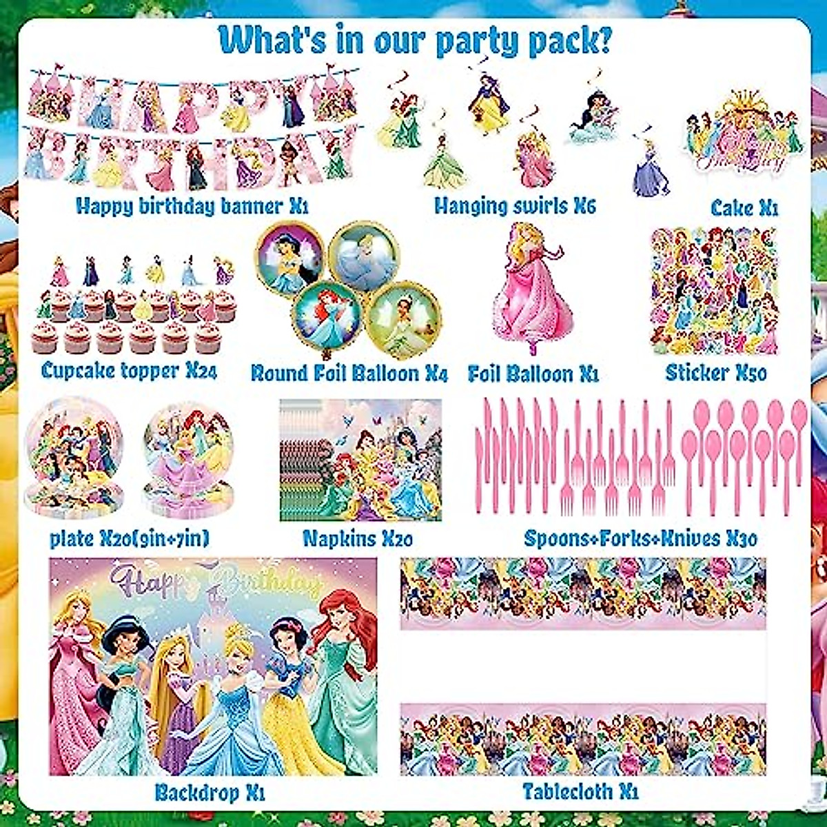 251 Pcs Princess Birthday Decorations, Princess Birthday Party Supplies Include Happy Birthday Banner, Hanging Swirls, Cake Topper, Cupcake Toppers, Backdop, Tablecloth, Balloons, Stickers, Princess Plates, Napkins, Knife, Fork and Spoon for Princess Birt