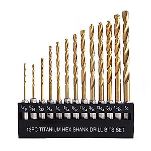 COMOWARE Titanium Twist Drill Bit Set - 13 Pcs Hex Shank High Speed Steel for Wood Plastic Aluminum Alloy, Quick Change, 1/16"-1/4"