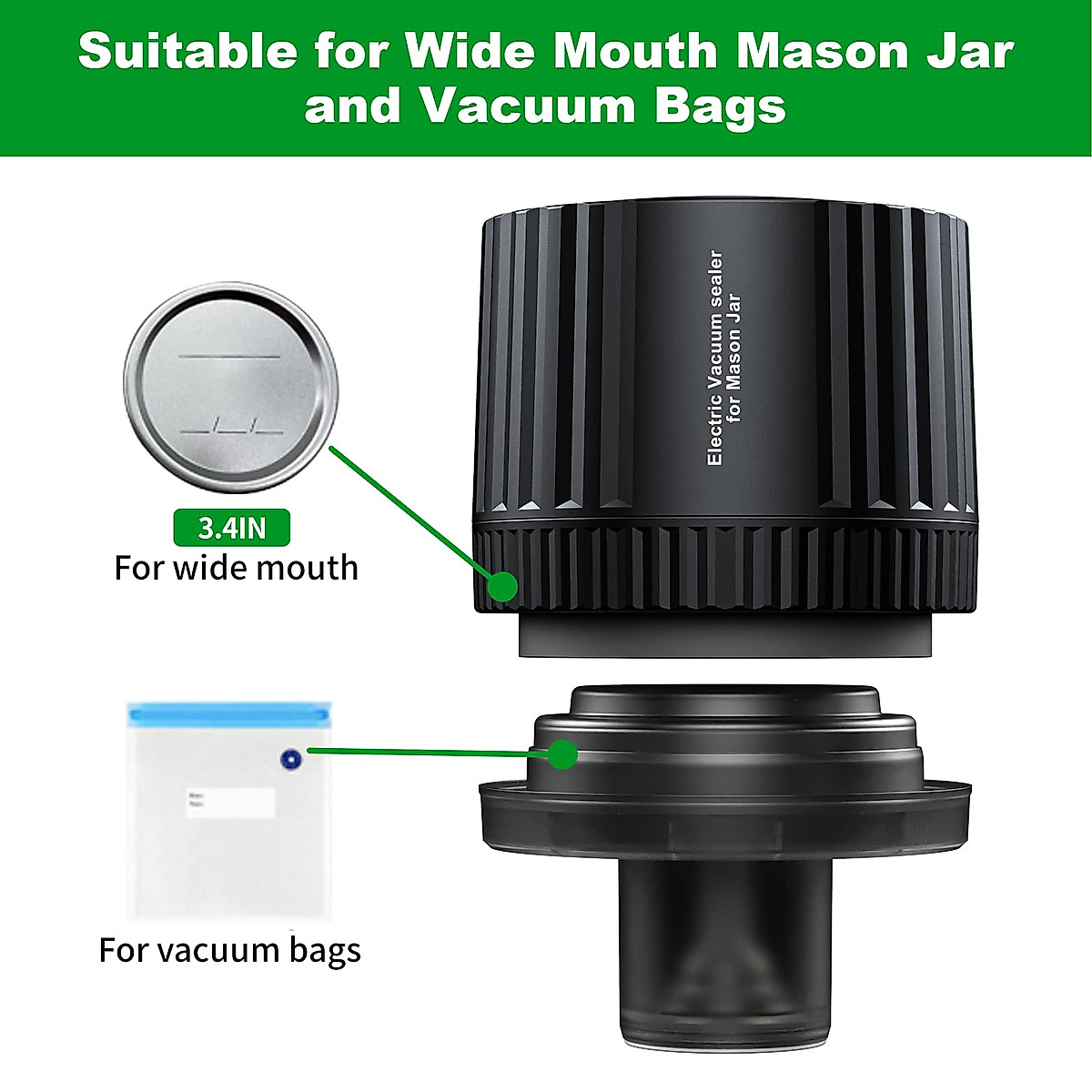 Mason Jar Vacuum Sealer Only for Wide Mouth Mason Jars Vacuum Bags Food Vacuum Storage,Electric Auto-Stop Vacuum Sealer Kit Multifunctional Cordless Canning Vacuum Sealer Machine