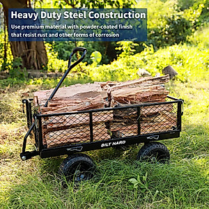 BILT HARD 400 lbs 10" Flat Free Tires Steel Garden Cart with 180° Rotating Handle and Removable Sides, 4 Cu.Ft Capacity Utility Heavy Duty Garden Carts and Wagons