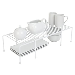 Smart Design Kitchen Storage Expandable Shelf Rack w/ Scratch Resistant Feet - Steel - Rust Resistant Finish - for Cups, Dishes, Cabinet & Pantry Organization - Kitchen (16 x 32.5) [White]