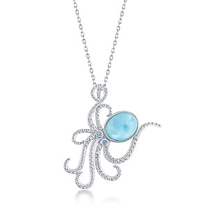 Beaux Bijoux Nautical Octopus Caribbean Natural Larimar Gemstone Sterling Silver Pendant 18’’ Necklace Jewelry for Women or Teens