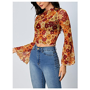 Verdusa Women's Bell Sleeve Lettuce Trim Mock Neck Floral Mesh Top Crop T Shirt Orange L