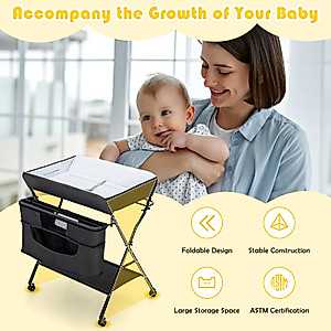Costzon Baby Changing Table, Adjustable Height Portable Diaper Station w/Lockable Wheels, Safety Belt, Large Storage Rack & Bag, Folding Nursery Station for Infant Newborn (Black)