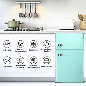 Antarctic Star Compact Mini Refrigerator Separate Freezer, Small Fridge Double 2-Door Adjustable Removable Retro Stainless Steel Shelves Garage Camper Basement/Dorm/Office 3.2 cu ft.Green