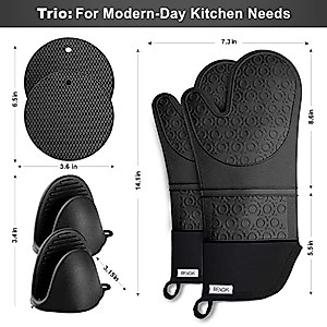 RFAQK Oven Mitts and Pot Holders Sets- Extra Long Silicone Oven Mitts, Oven Mitts Heat Resistant with Quilted Soft Liner and Mini Oven Mittens Sets for Kitchen, Baking, Grill and BBQ (Black)