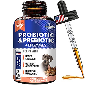 Probiotics & Prebiotics with Enzymes for Dogs and Cats - Digestive Gut Flora Health Pet Food Supplements - Constipation & Diarrhea and Gas Home Remedy - Upset Stomach Relief - Made in USA