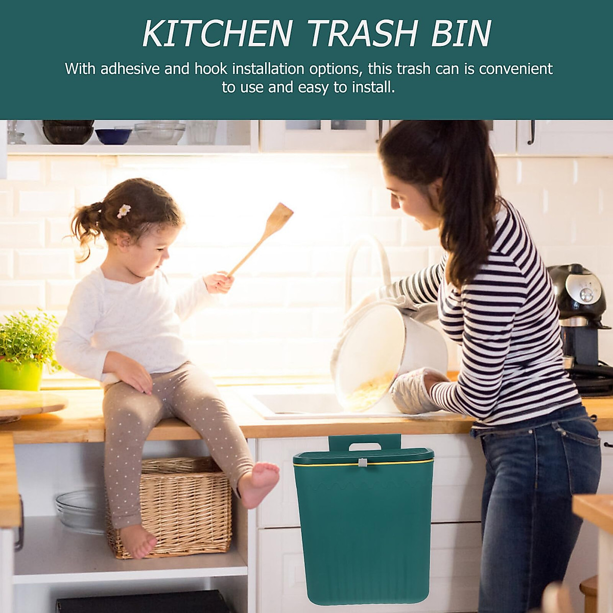 DEARMAMY Hanging Trash Can with Lid Kitchen Compost Bin for Counter Top Under Sink or Wall Mount Large Capacity Garbage Can Wastebasket for Cupboard Bathroom Bedroom