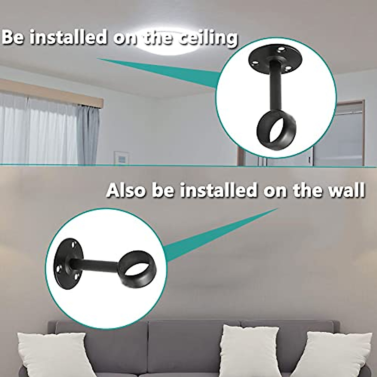AYSUM 10 Pack 1 Inch Curtain Rod Ceiling-Mount Bracket Curtain Rod Brackets, Shower Curtain Closet Rod Holders for 1 Inch Rod, Wardrobe Pole Flange Socket with Matching Screws, Black