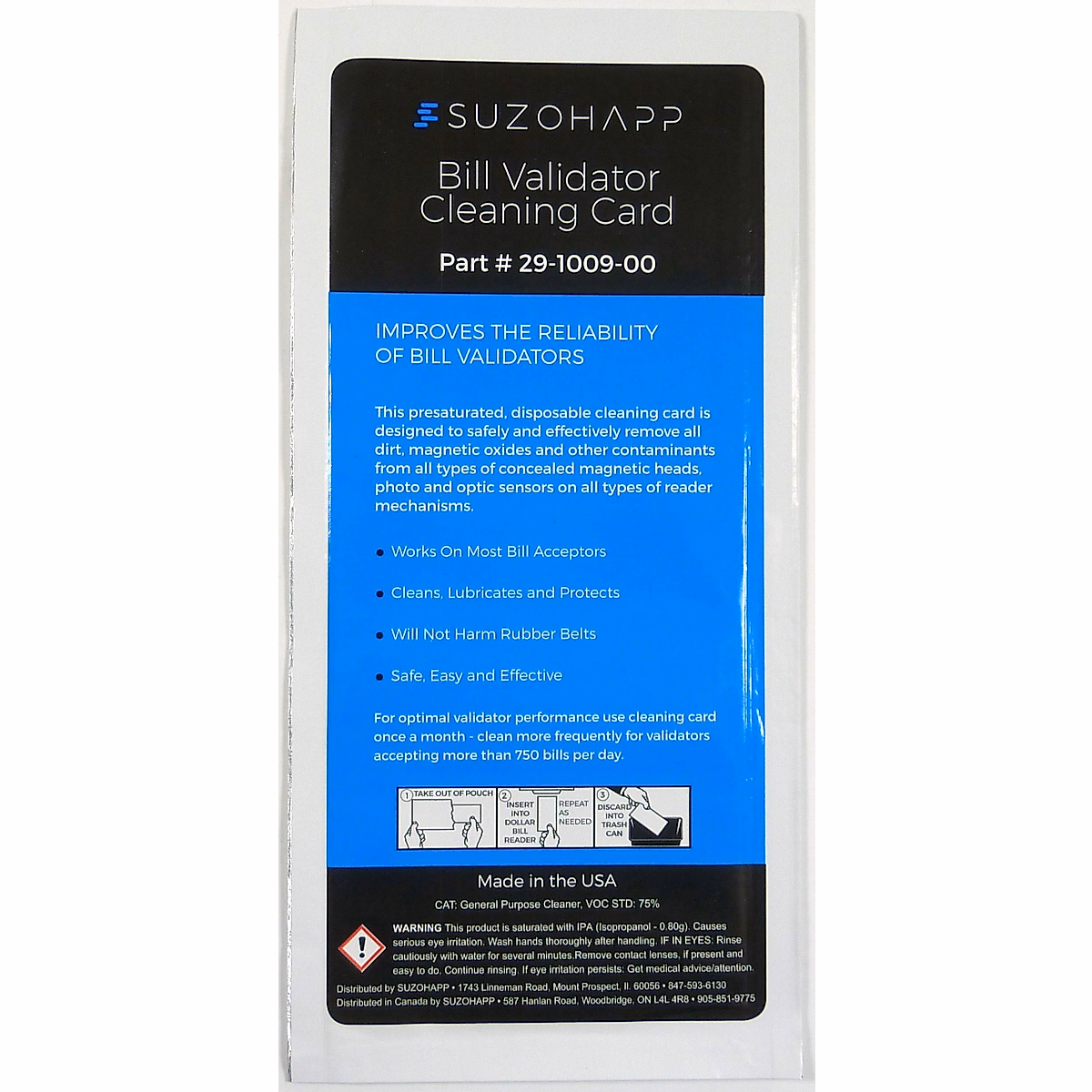 Dollar Bill Validator / Acceptor Pre-saturated Cleaning Card 10/pk
