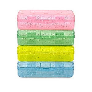 Blue Summit Supplies Colorful Glitter Plastic Pencil Boxes, Translucent Pencil Boxes for School, Crayon and Marker Organizer Boxes with Hinged Lids, Assorted Colors, 4 Pack