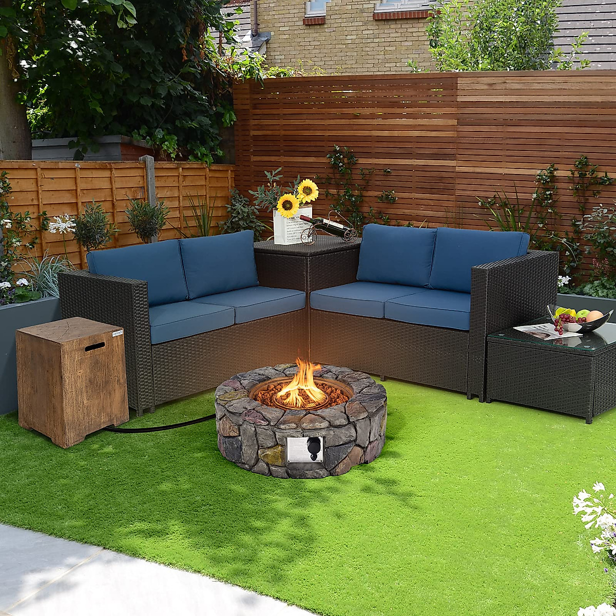 Tangkula 28 Inch Round Propane Gas Fire Pit, Patiojoy 40,000 BTU Stone Look Outdoor Propane Fire Pit with Lava Rocks & PVC Cover, Faux Stone Gas Fire Pit Table for Patio, Courtyard, Garden (Grey)