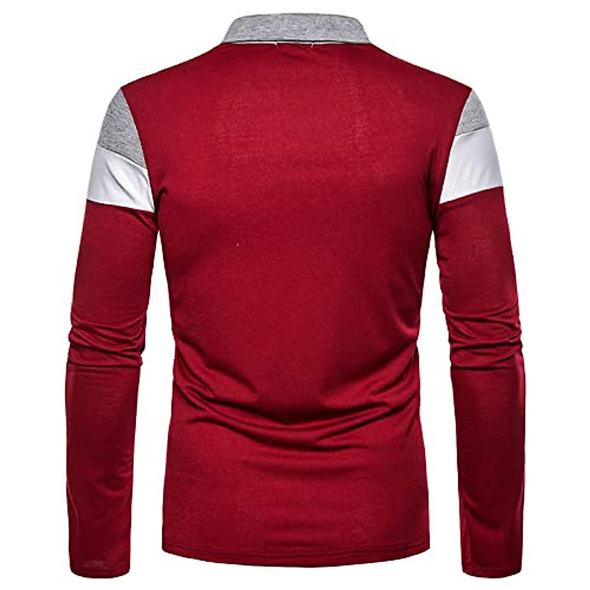 Aulemen Men's Fashion Polo Shirts Slim Casual Long Sleeve Classic Golf Shirts Color Block Tops Red Grey