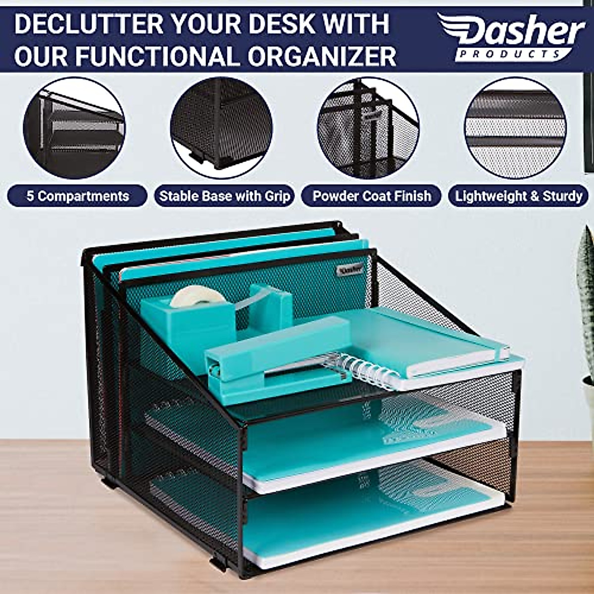 Office Desk Organizer Metal Mesh with 3 Paper Trays and 2 Vertical Upright Sections, Desktop File Holder for Letter Size A4, Folders, Stationary, and Desk Accessories