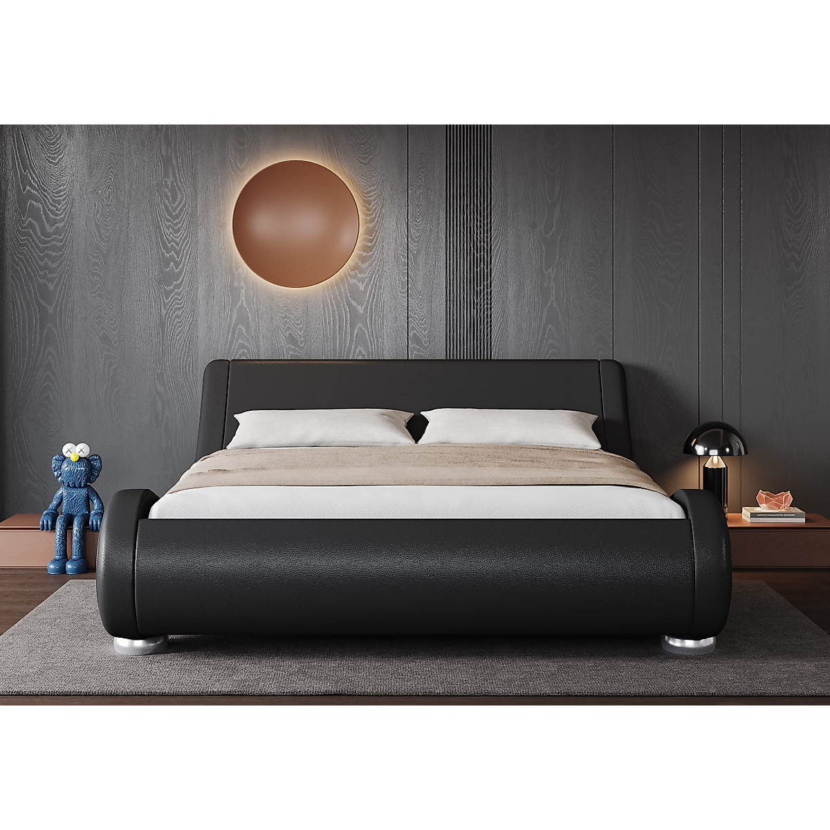 Allewie Full Size Upholstered Platform Bed Frame with Adjustable & Ergonomic Headboard, Low Profile Sleigh Design for Modern Bedroom - Easy Assembly, No Box Spring Needed, Black