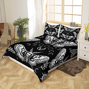 Death Moth Duvet Cover Set Queen Size Youth Gothic Skull Bedding Set 3pcs for Kids Boys Teens Room Decor, Moth Skeleton Skull Comforter Cover Moon Stars Quilt Cover with 2 Pillowcases, No Comforter