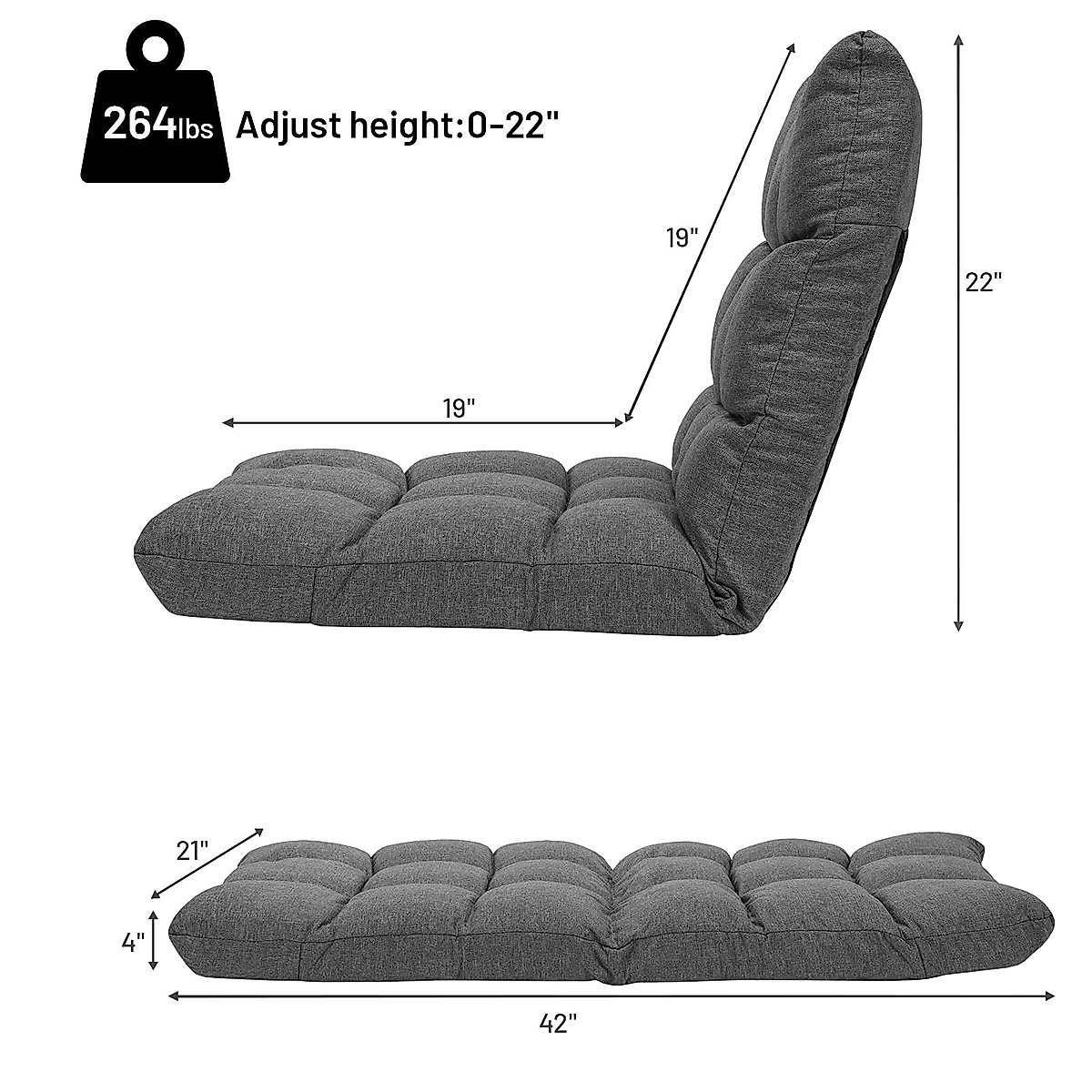 Giantex Floor Sofa Chair Video Gaming Chair with 14 Adjustable Position, Padded Back Support Floor Cushioned Seat, Folding Lazy Chair for Meditation, Reading, Watching, Living Room Recliner(Grey)