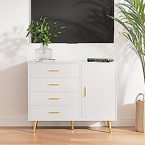LYNSOM White Storage Cabinet with 4 Drawers, Free Standing Sideboard Cabinet with Door and Shelf, Printer Stand for Home Office, Accent Cabinet for Living Room, Bedroom, Entryway, Hallway