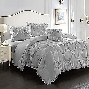 EVOLIVE 4pc Set Pinch Pleat/Kiss Pleat, Pintuck Down Alternative Comforter Set with Pompom (Full/Queen, Silver Grey)