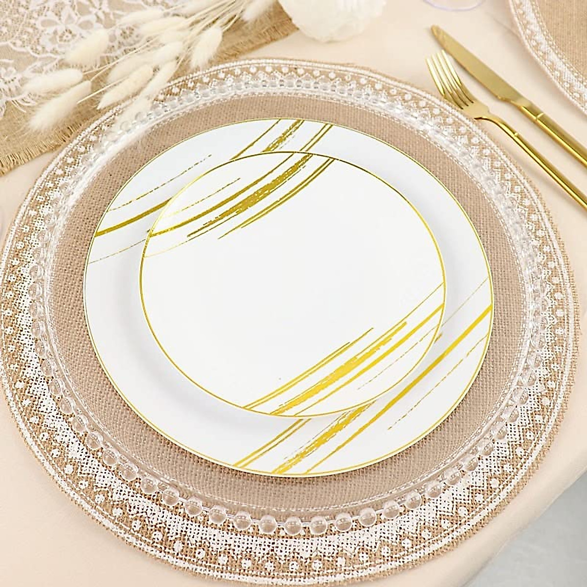 BalsaCircle 4 Natural 15 in Round Burlap Jute Braided Placemats White Prints Wedding Party Events Receptions Decorations Supplies