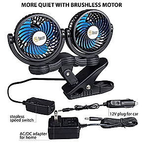 TN TONNY Dual Head Clip Fan, 12V/110V 4 Inches Electric Clip on Fan, 360° Rotatable Adjustable Cooling Air Fan with Stepless Speed Regulation and Brushless Motor for Vehicle or Home