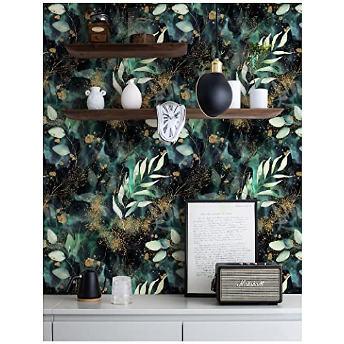 HAOKHOME 93208 Boho Peel and Stick Wallpaper Leaves Branch Removable Black/Green/Matte Gold Vinyl Self Adhesive Mural for Bedroom 17.7in x 9.8ft