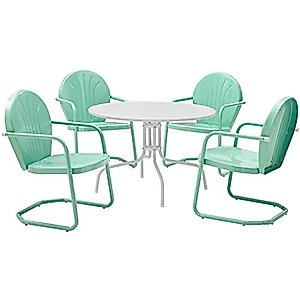 Crosley Furniture KOD10010AQ Griffith Retro Metal Outdoor 5-Piece Dining Set with 39" Table and 4 Chairs, White and Aqua