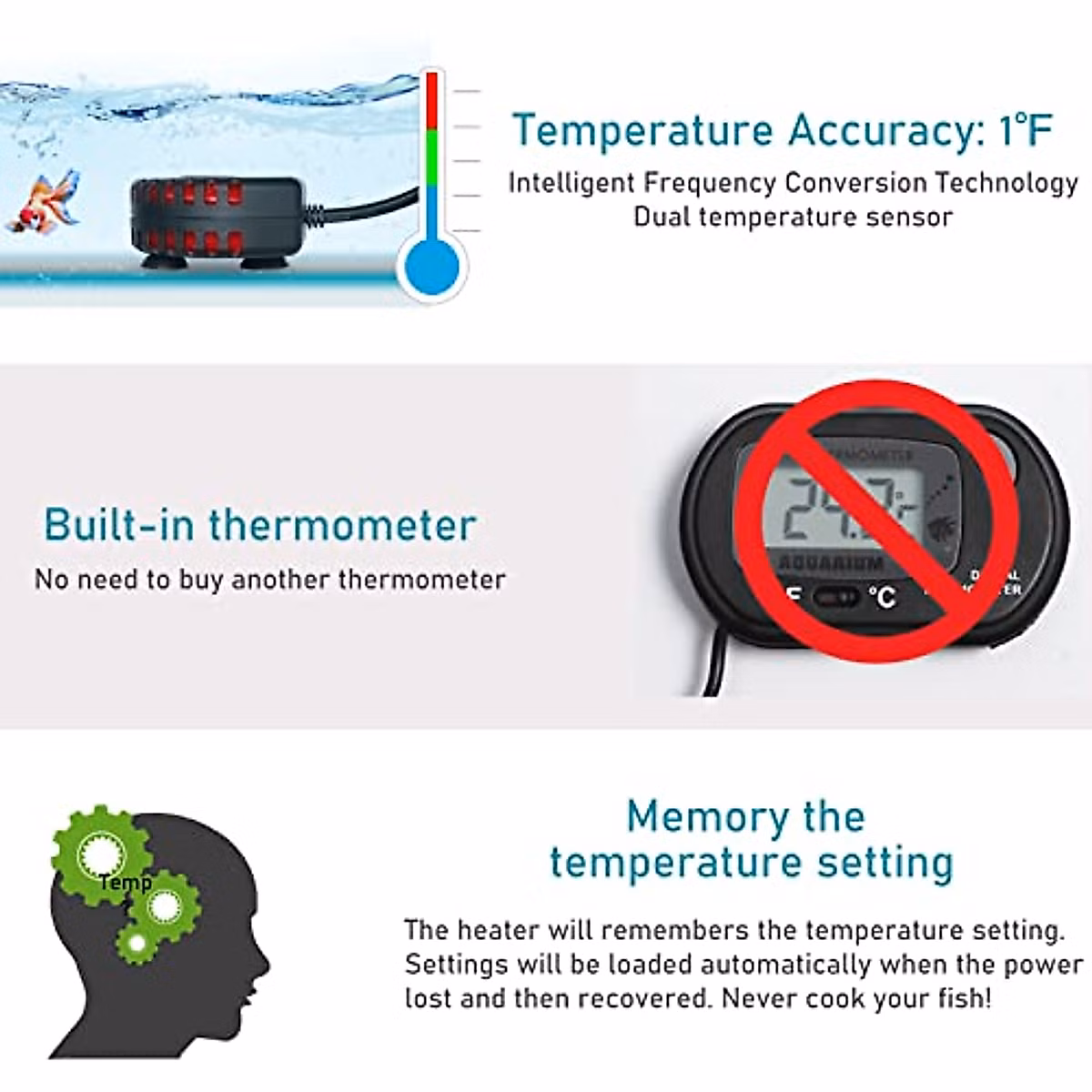 auomii Mini Submersible Aquarium Heater, 50W/100W Small Fish Tank Heater, Built-in Thermometer, 2 LED Temperature Display, External Temperature Controller, Smart Memory, 50W (1-10Gallons)