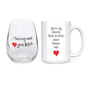 Artisan Owl You're My Favorite Bitch To Bitch About Bitches With 15oz Mug and I Fucking Miss You Bitch 17 oz Stemless Wine Glass