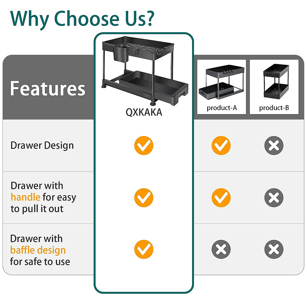Under Sink Organizer and Storage, 2 Tier Under Cabinet Storage Pull Out Under Sink Shelf, Sliding Under Counter Organizer for Kitchen Bathroom Organization with Storage Basket and Hooks