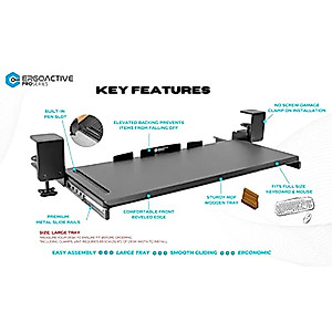 ErgoActive MDF Wooden Under Desk Keyboard Tray, Clamp On Easy Install, Includes Mouse Pad, Ergonomic Wood Keyboard Tray for Office, Home, School and Gaming (26.7" x 11")