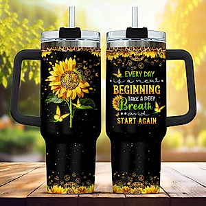 99WHALE Sunflower Leopard Motivational, Tumbler 40 Oz With Handle Lid And Straw, Sunflower Gifts, Black Handle Yellow Print Tumblers Women For Cups Coffee Butterfly Straws