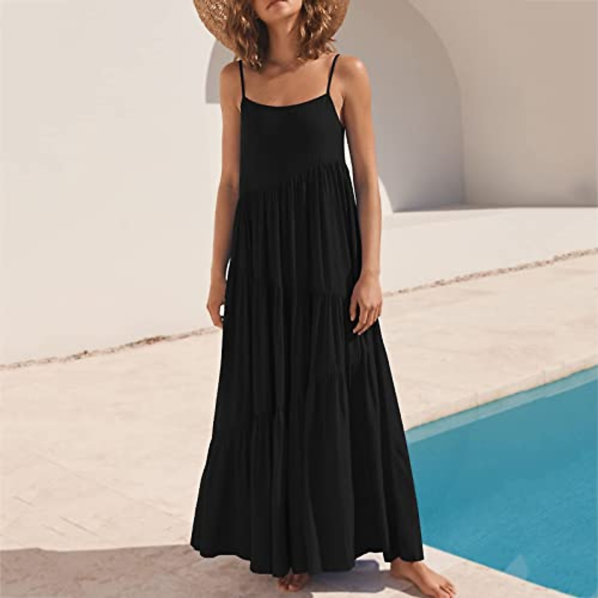 Women’s Summer Casual Loose Sleeveless Spaghetti Strap Asymmetric Tiered Beach Maxi Long Dress (A-Black, XXL)