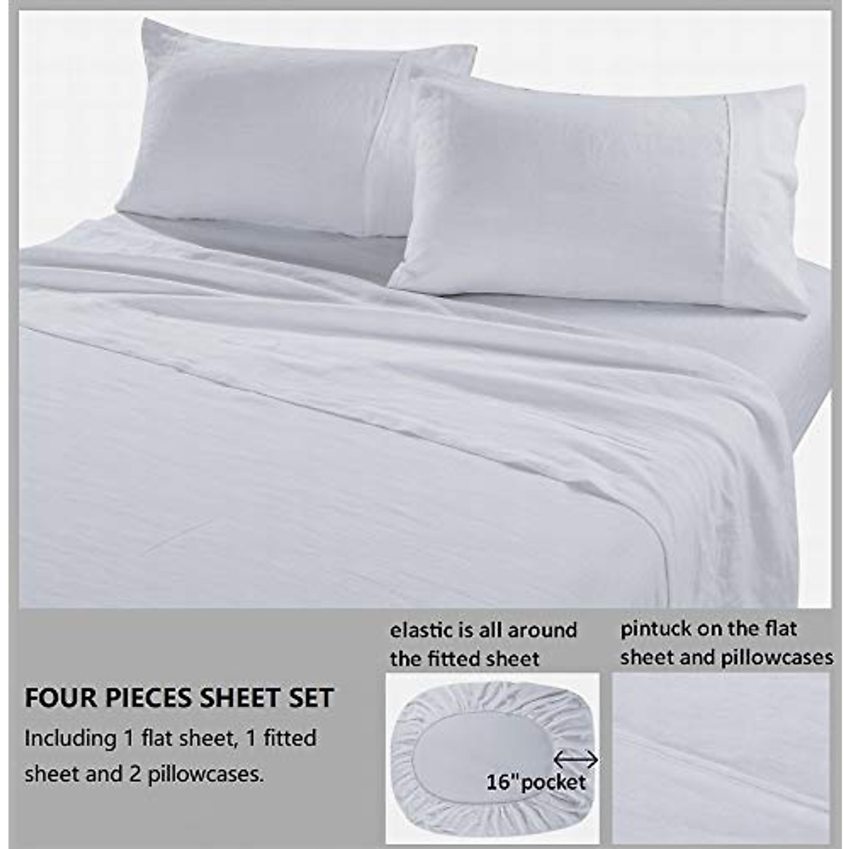 meadow park 100% Stone Washed Linen Sheets with Pillow Cases, King Size 4 Pcs Set, Deep Pocket, Soft and Breathable Fabric, Cool Night Sleep Comfort, White Color