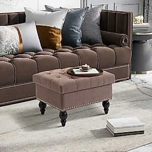 HOMCOM Ottoman with Storage for Living Room, 25" Storage Ottoman with Removable Lid, Button-Tufted Fabric Bench for Footrest and Seat with Wood Legs, Blue