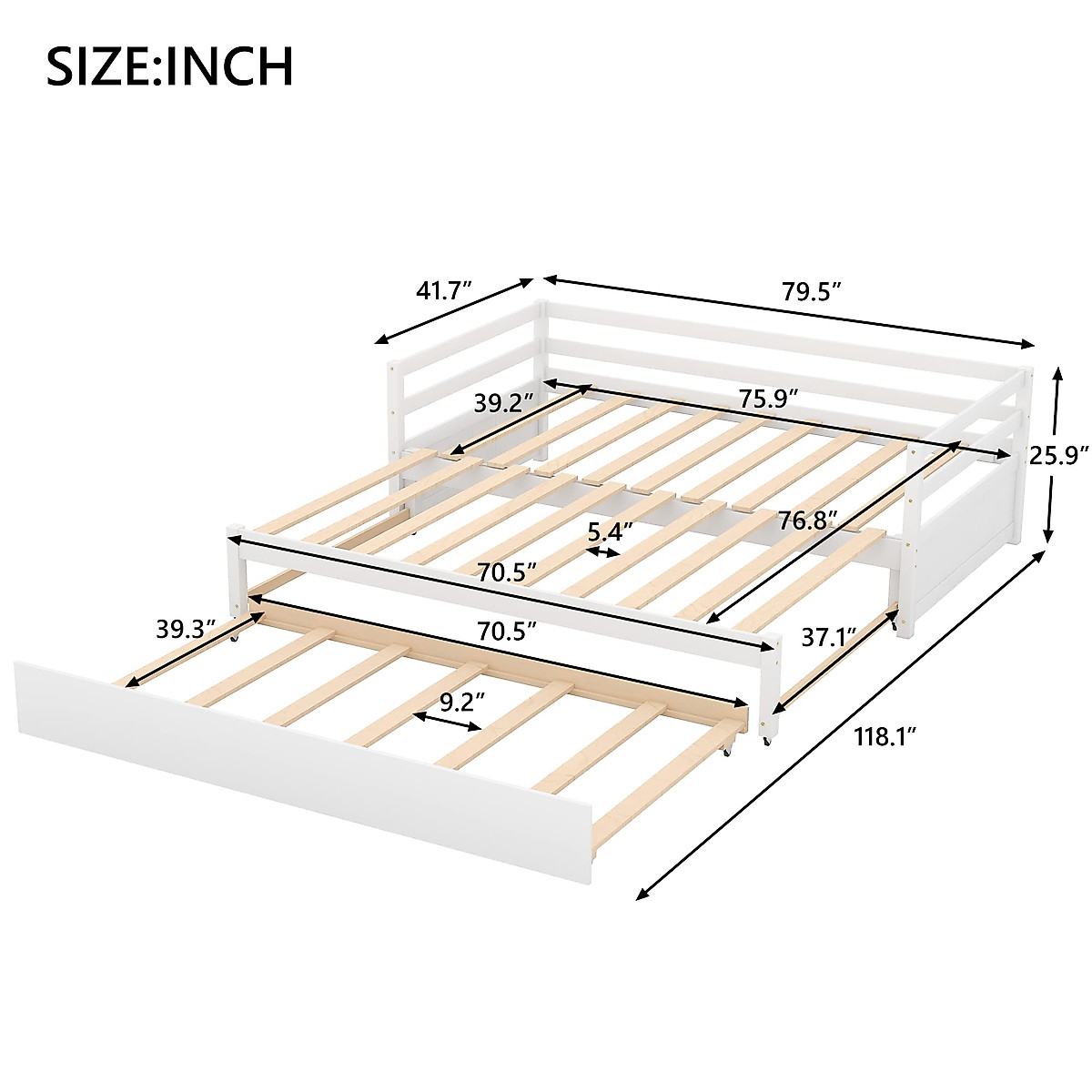 LUSPAZ Twin to Double Twin Daybed with Trundle Platform and Headboard for 3 People, White