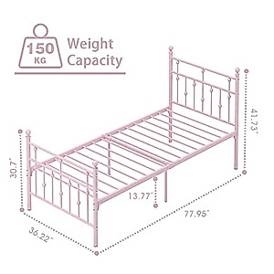 Weehom Pink Metal Bed Frame Twin Size with Headboard Mattress Foundation Support Heavy Duty Steel Slat No Box Spring Need for Girls