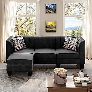 Shintenchi Upgraded Convertible Sectional Sofa Couch, 3 Seat L Shaped Sofa with High Armrest Linen Fabric Small Couch Mid Century for Living Room, Apartment and Office (Black)