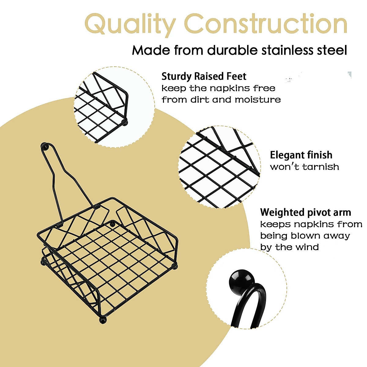 Napkin Holder for Table, Square Paper Napkin Holders with Weighted Arm, Elegant Rustic Metal Modern Napkin Holder for Kitchen, Countertops & Outdoor Tables, Dining Room (Black)