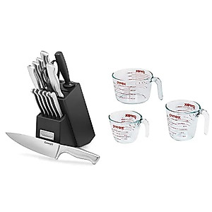 Cuisinart C77SS-15PK 15-Piece Stainless Steel Hollow Handle Block Set & Pyrex Glass Measuring Cup Set (3-Piece, Microwave and Oven Safe),Clear