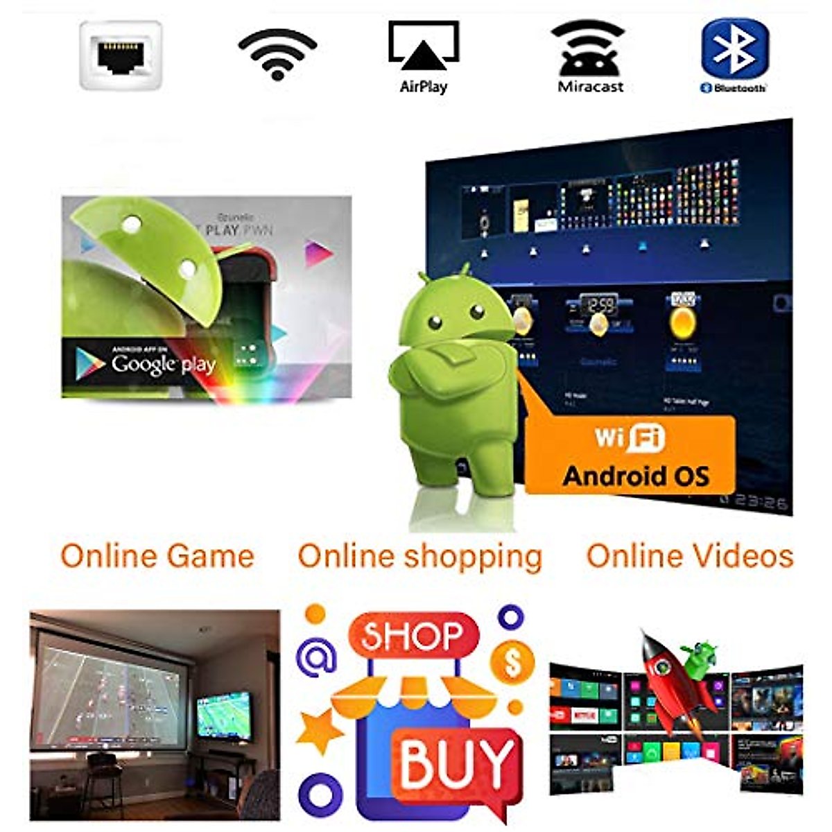 Gzunelic 9500 lumens Android WiFi Projector Real Native1080p Video Projector LCD LED Full HD Theater Proyector with Bluetooth Wireless Mirror to Smart Phone by Airplay or Miracast Ideal for Home