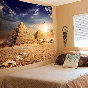 JAWO Egypt Travel Tapestry Wall Hanging, Egyptian Pyramids History in Desert and Flying Eagle Bird Nature Sunshine, Home Decor Tapestries Wall Blanket for Living Room Bedroom Dorm 80 X 60 Inches