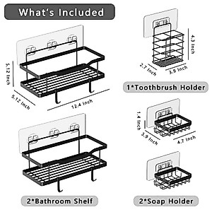Lufia 5-Pack Shower Caddy, Adhesive Bathroom Organizer, No Drilling, Large Capacity, Rustproof Stainless Steel Bathroom Shower Organizer with 4 Hooks, Shower Shelf for Inside Shower, Black