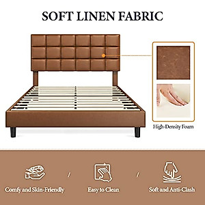 Yaheetech Upholstered Platform Bed Frame with Faux Leather Headboard Height Adjustable, Mattress Foundation Wooden Slats Support No Box Spring Needed, Amber Brown-Full
