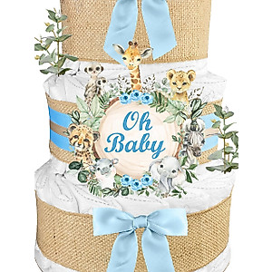 Sunshine Gift Baskets Safari Diaper Cake - Boy Gift - Burlap & Blue - 42 Pampers Swaddlers Size 1 (8-14lbs.) - Large 3-Tier 10in. x 10in. x 16in. Tall