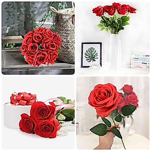 Artificial Silk Rose Flower,12 Pcs Real Looking Fake Roses with Stems, for Wedding Bouquets DIY Home Party Decoration Garden Background Decor (Red)