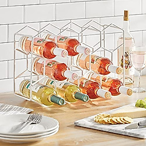 mDesign Metal Hexagon 3-Tier Wine Rack - Minimalist Bottle Holder for Kitchen Countertop, Pantry, or Refrigerator Space - Wine, Beer, Pop/Soda, Water Bottles, and Juice, Holds 11 Bottles - Matte White