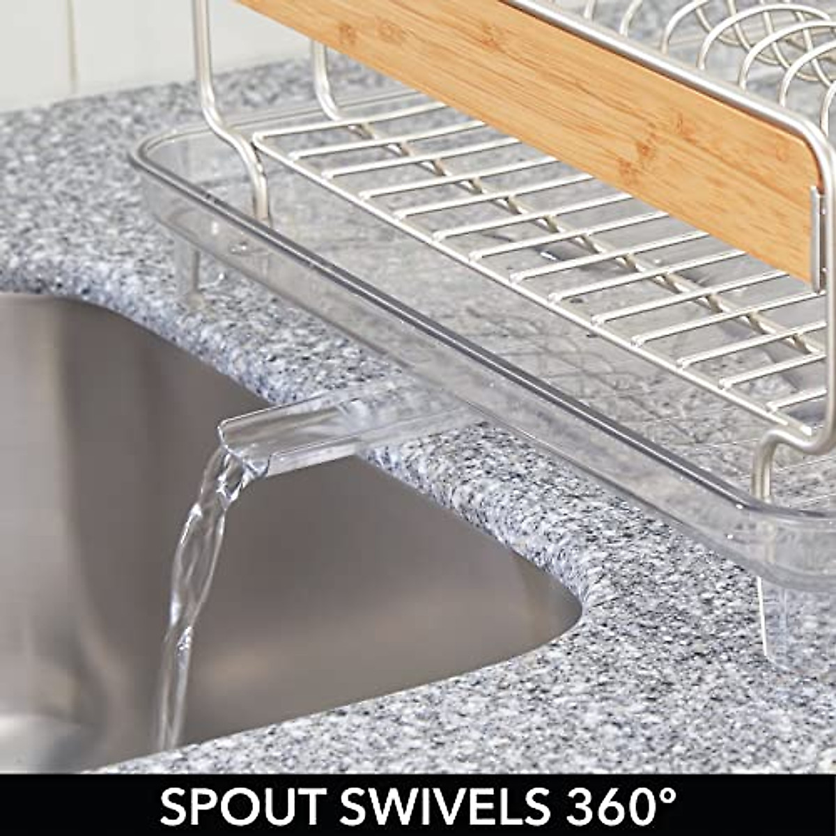 mDesign Large Kitchen Countertop, Sink Dish Drying Rack with Bamboo Wood Accents - Removable Cutlery Tray & Drainboard with Adjustable Swivel Spout - 3 Pieces, BPA Free Cutlery Caddy, Satin/Clear